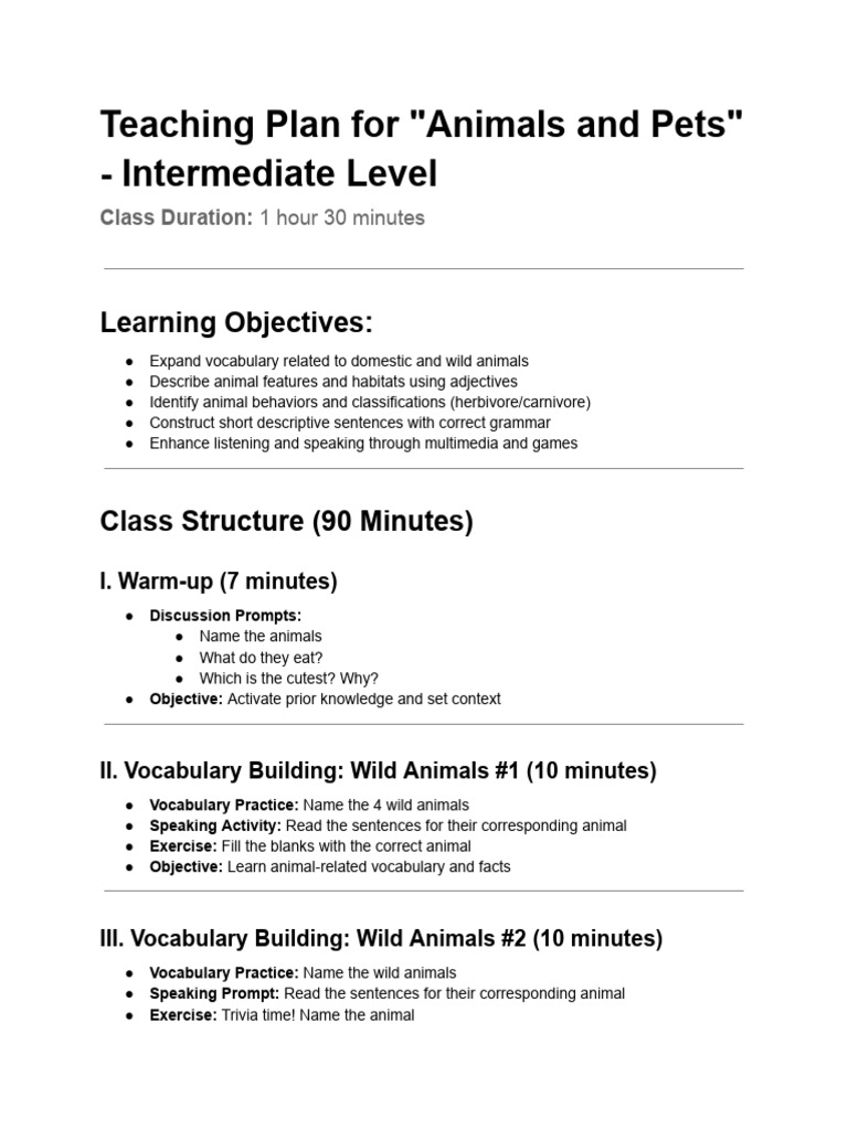 Teaching Plan For - Animals and Pets - Intermediate Level | PDF
