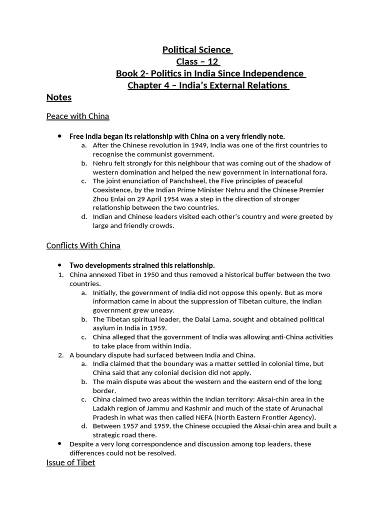 Pol. Sc. Class 12 Book 2 Ch-4 India's External Relations Doc. 2 | PDF ...