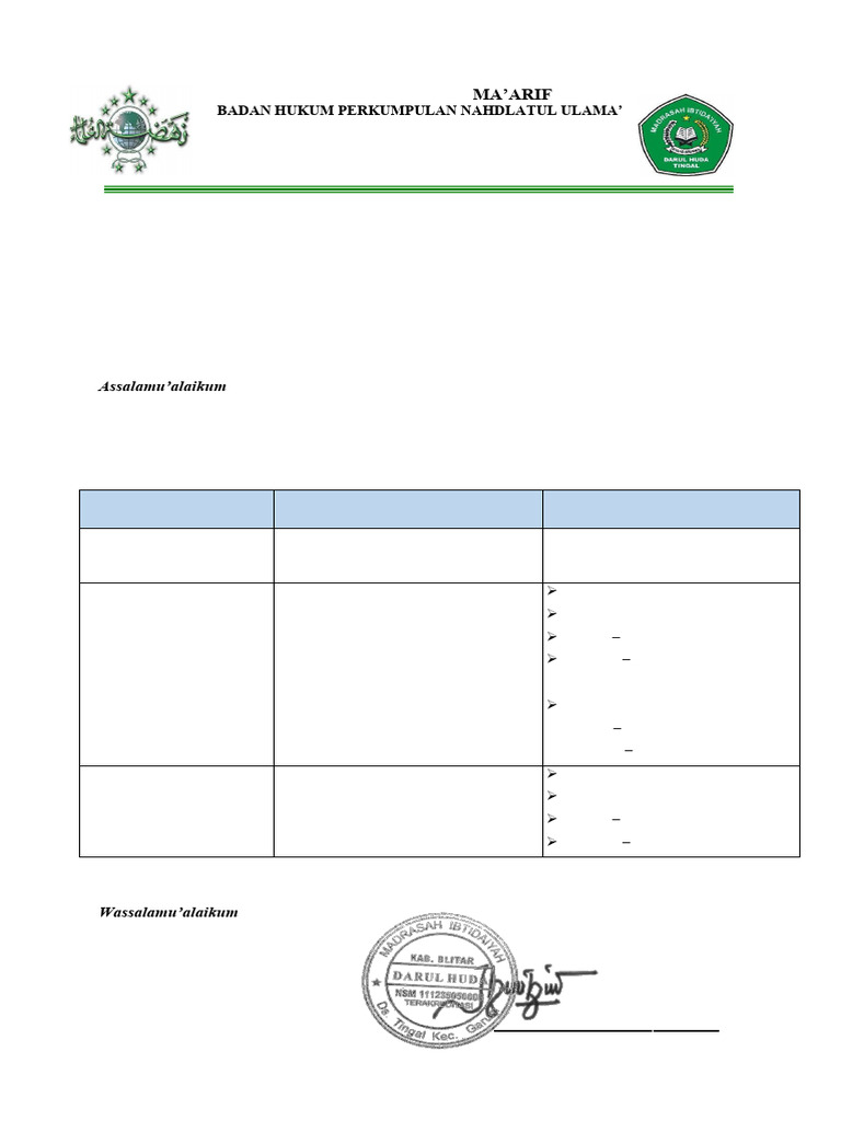 Pemberitahuan Libur dan KBM MI Darul Huda | PDF