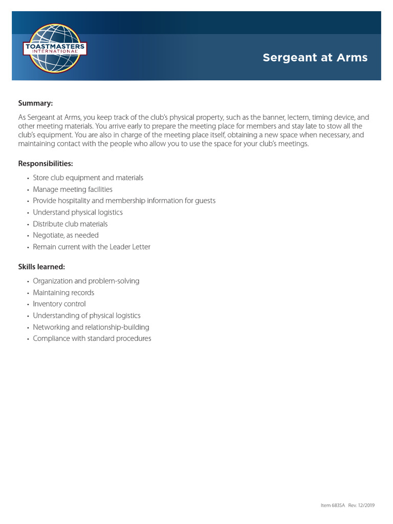 Toastmasters 683SA Sergeant at Arms A4 | PDF