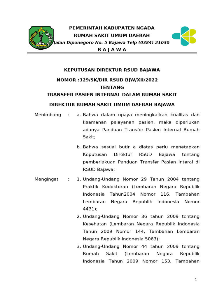 SK Transfer Pasien Internal Dalam Rumah Sakit | PDF