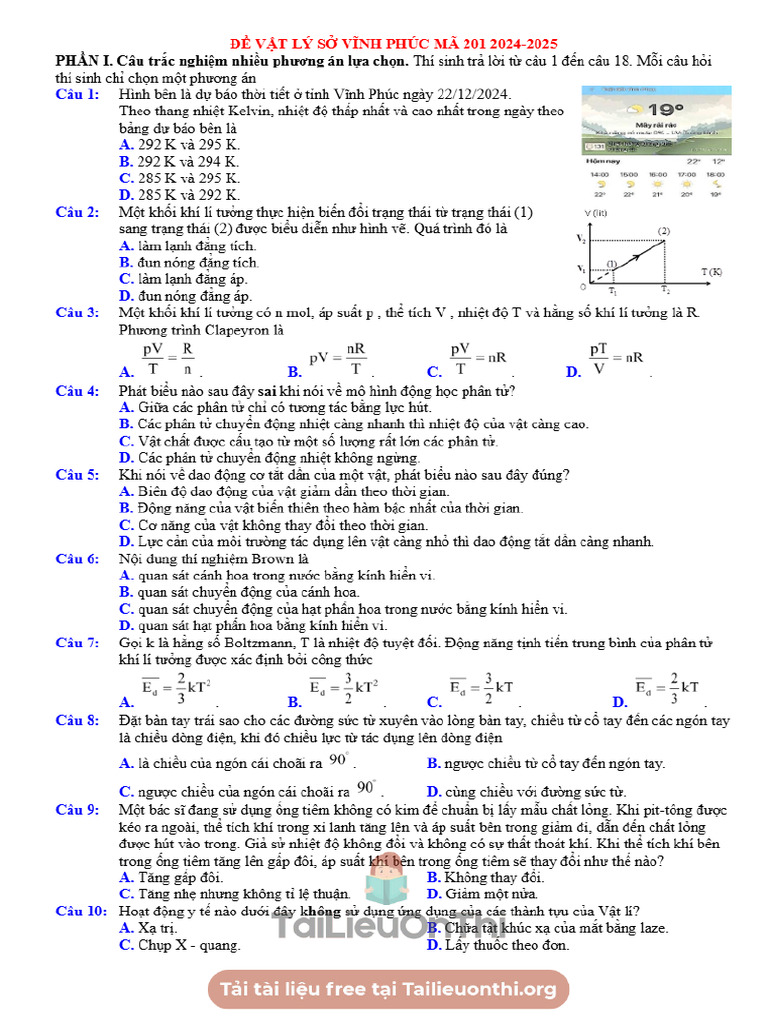 58. Đề Thi Thử Tốt Nghiệp THPT 2025 Môn Vật Lí - Sở GD&ĐT Vĩnh Phúc Mã 201 | PDF