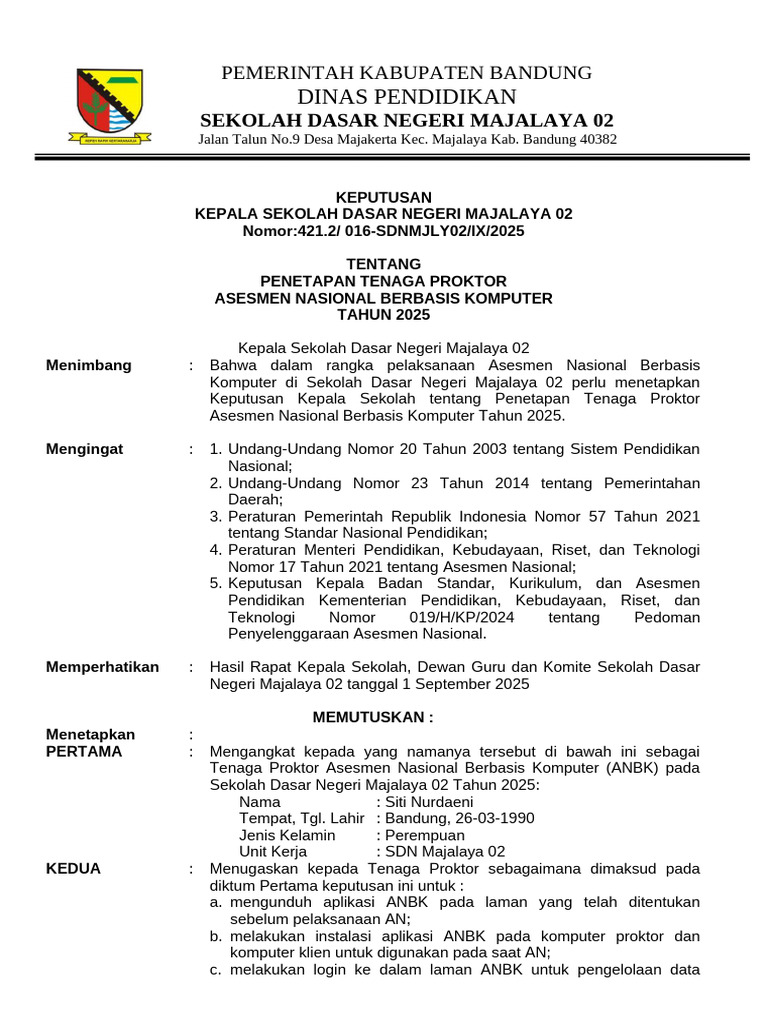Contoh SK Proktor ANBK SD (Panduanmengajar - Com) | PDF
