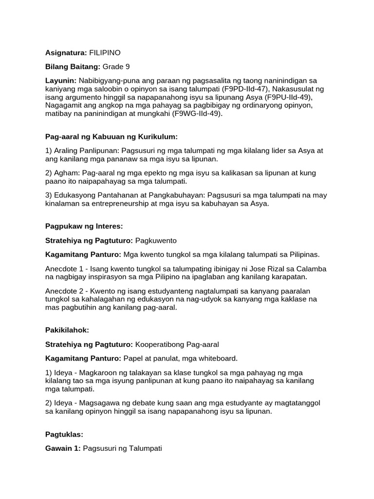 Lesson Plan Filipino Talumpati w4 | PDF