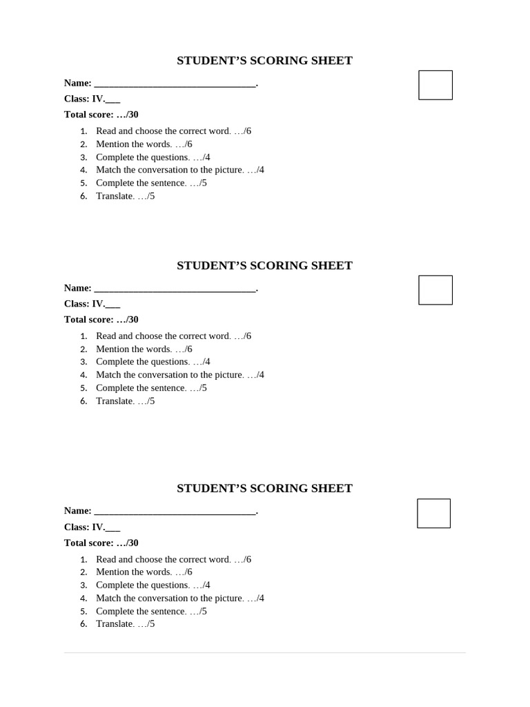 Student Scoring Sheet for Class IV | PDF