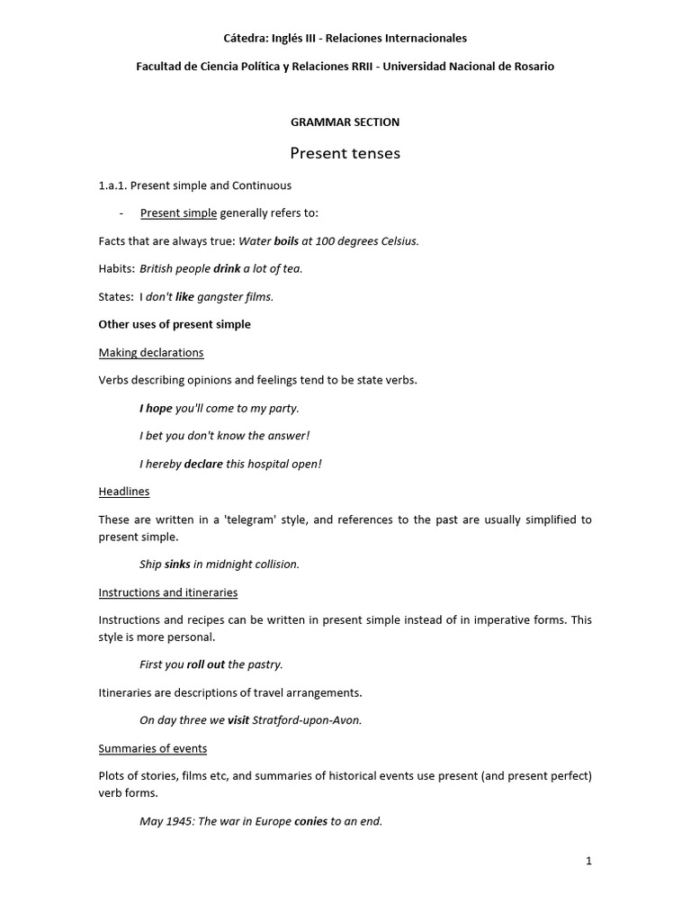 UNIT 1 - Grammar Section - Inglés 3 | PDF | Language Mechanics ...