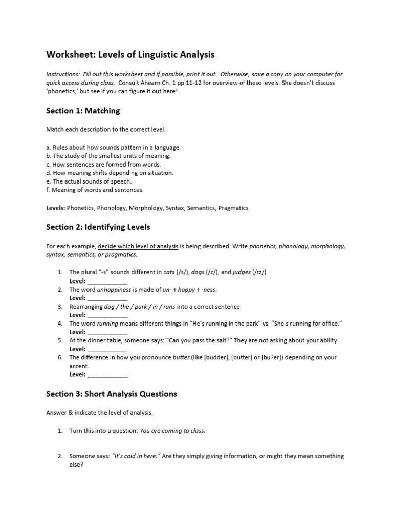 Linguistic Analysis Worksheet Guide | PDF | Word | Semantics