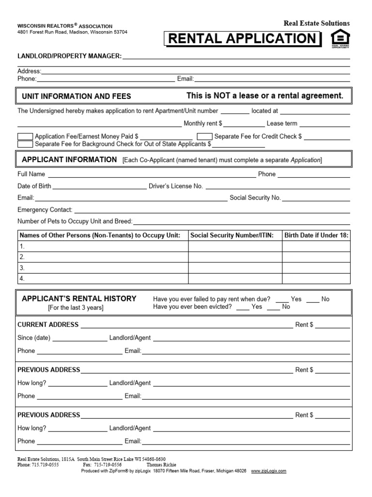 Wisconsin Rental Application Form | PDF | Landlord | Lease