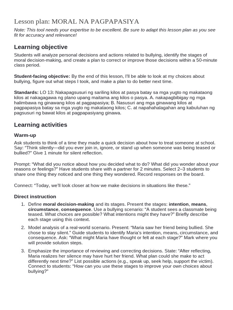 Lesson Plan Moral Na Pagpapasiya 2 | PDF | Bullying | Decision Making
