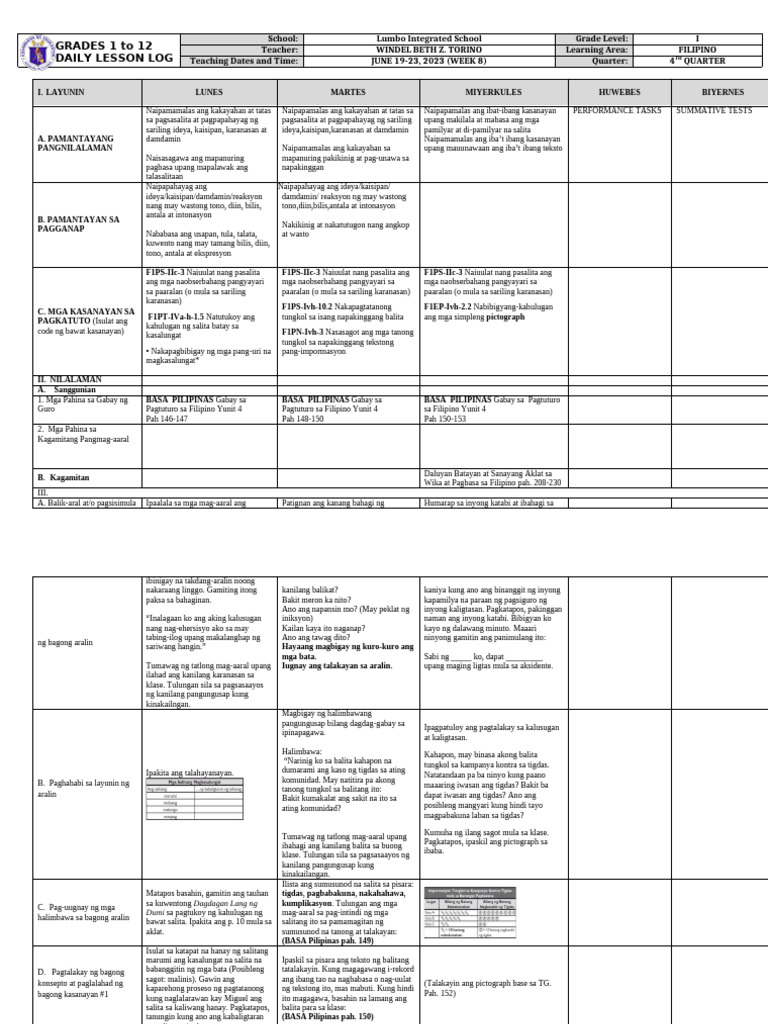 DLL_FILIPINO 1_Q4_W8 | PDF