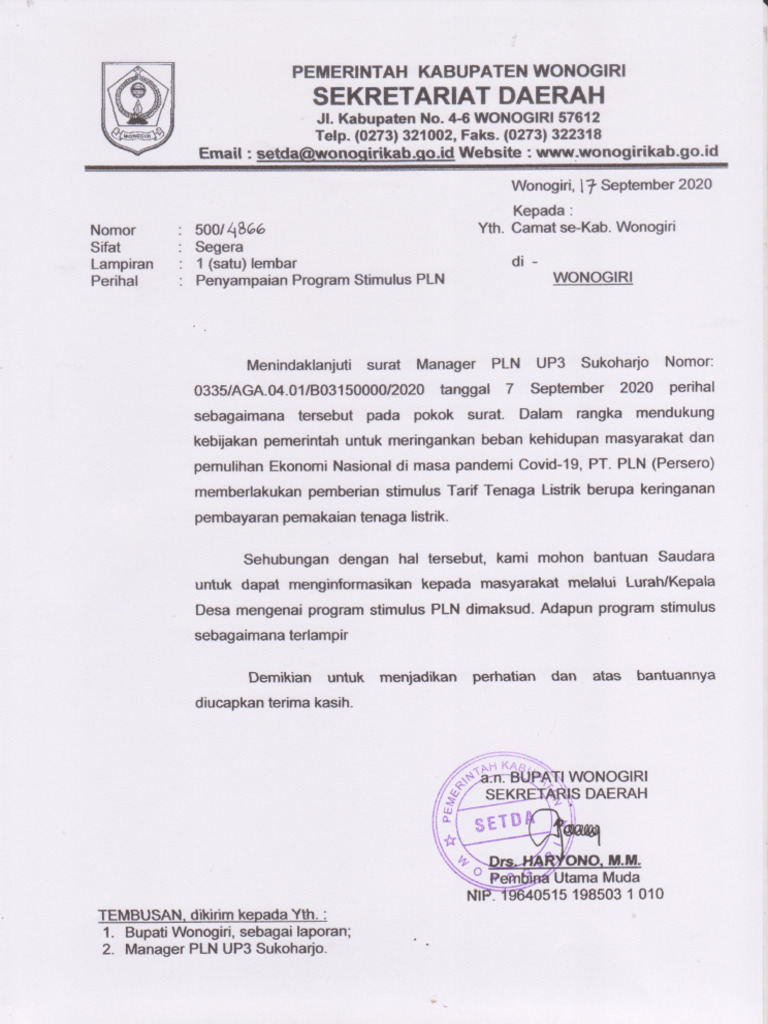 Surat Penyampaian Program Stimulus PLN 2020 | PDF