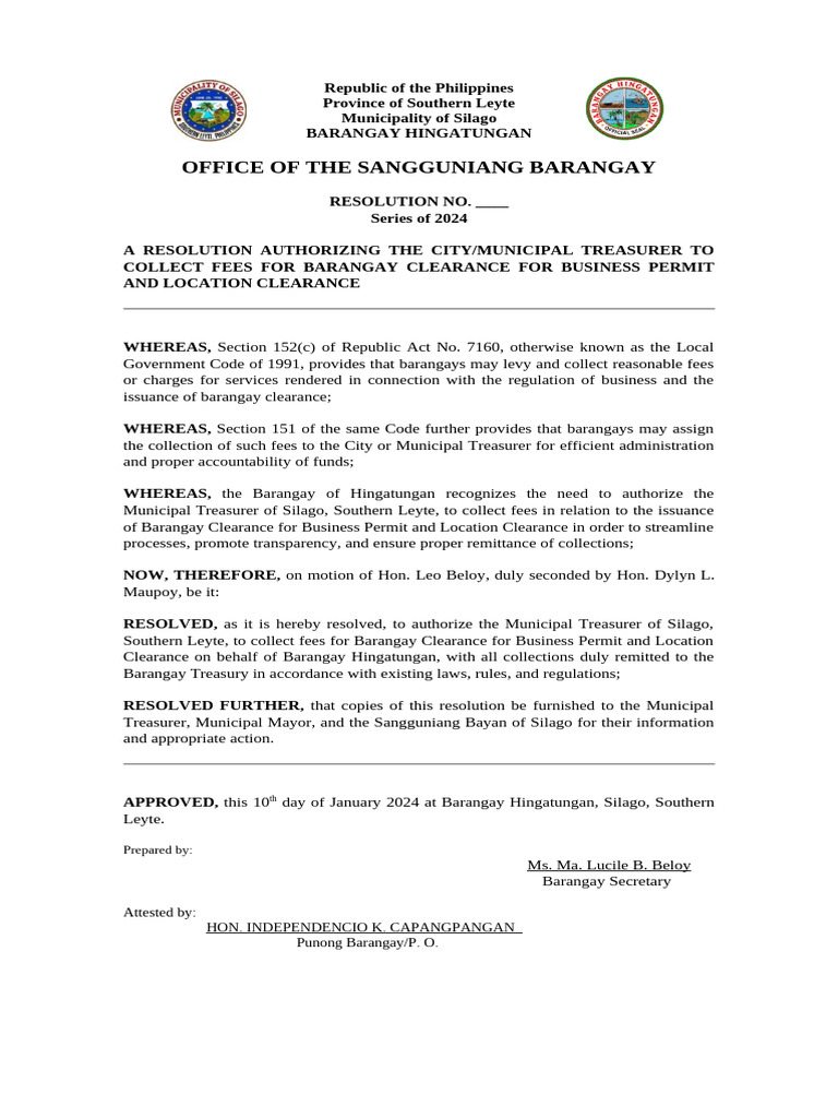 Barangay Hingatungan Fee Collection Resolution | PDF