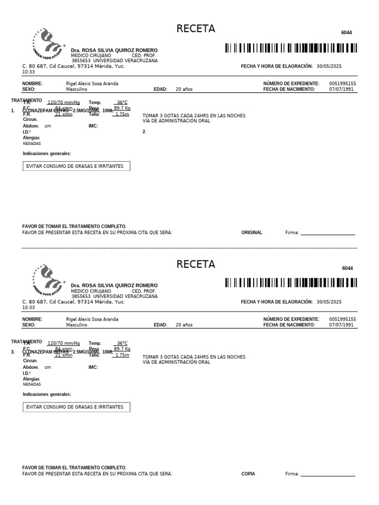 Receta Médica para Tratamiento de Infección | PDF
