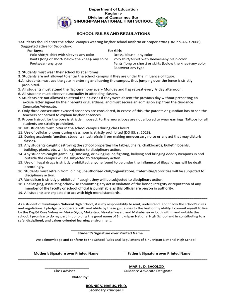 Sinuknipan National High School Rules | PDF | Fraternities And ...