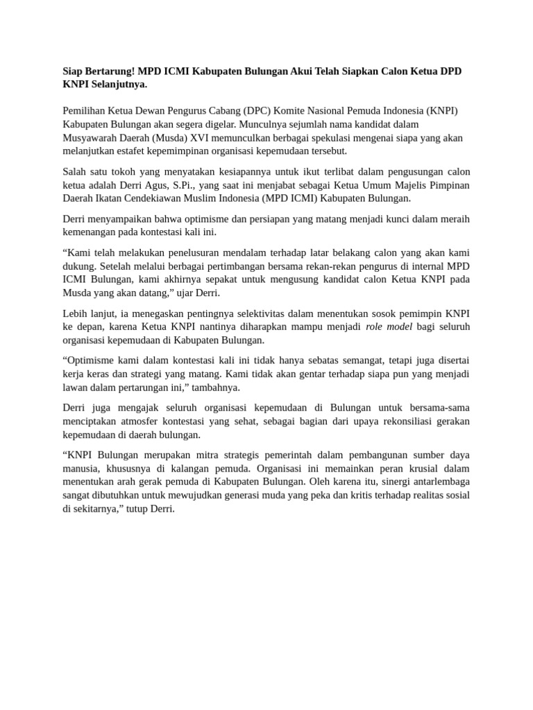 Derri Agus Siap Usung Calon Ketua KNPI Bulungan | PDF