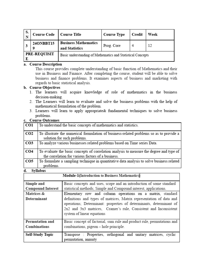 Syllabus Business Mathematics Statistics.docx | PDF | Matrix ...
