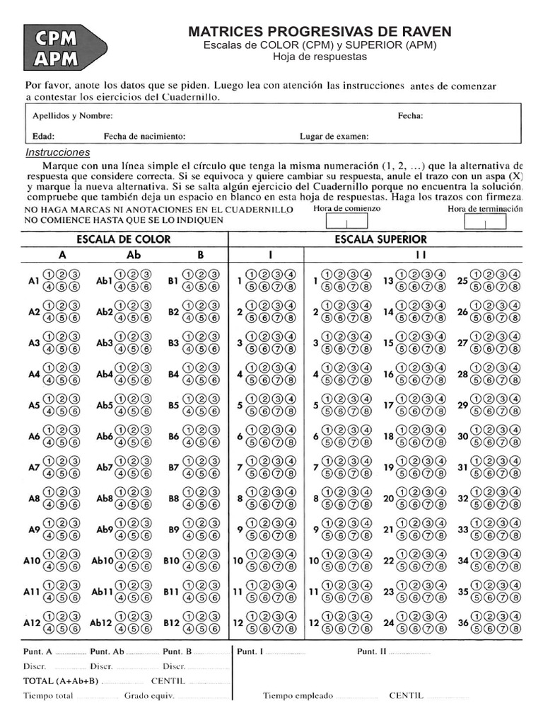 Raven. APM Hoja de Respuesta y Plantilla Correccion. Escalas CPM APM | PDF