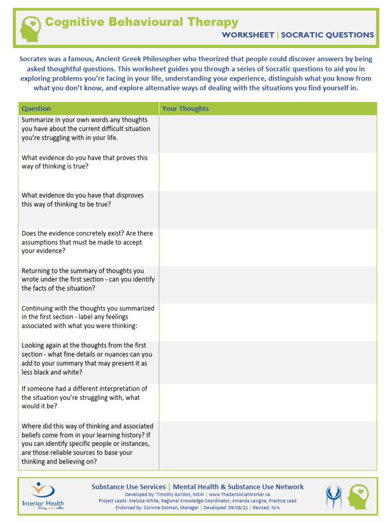 CBT - Worksheet - Socratic Questions | PDF