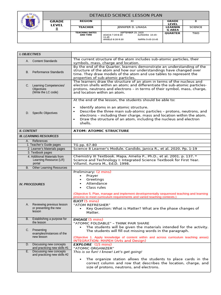 8th Grade Atomic Structure Lesson Plan | PDF | Atoms | Atomic Nucleus