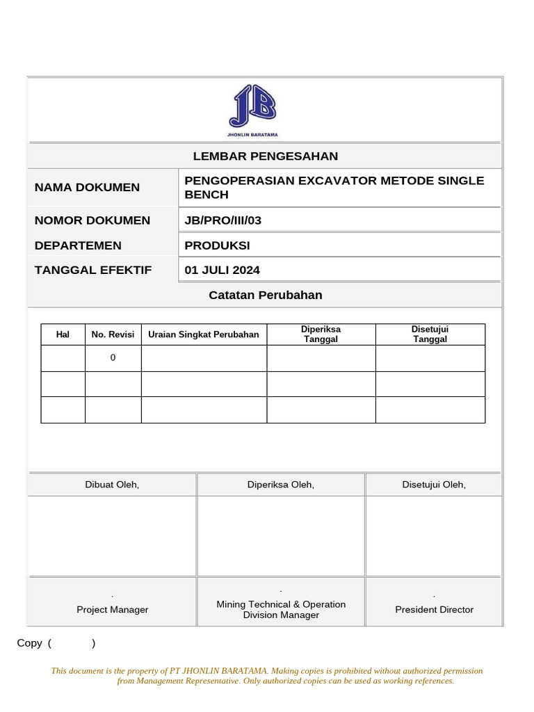 Prosedur Pengoperasian Excavator Single Bench | PDF