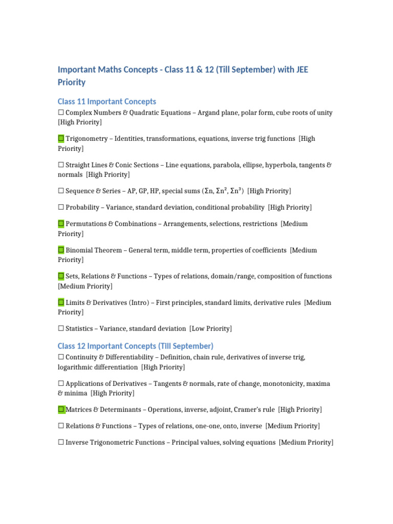 Important Maths Concepts Class11 12 JEE Checklist | PDF