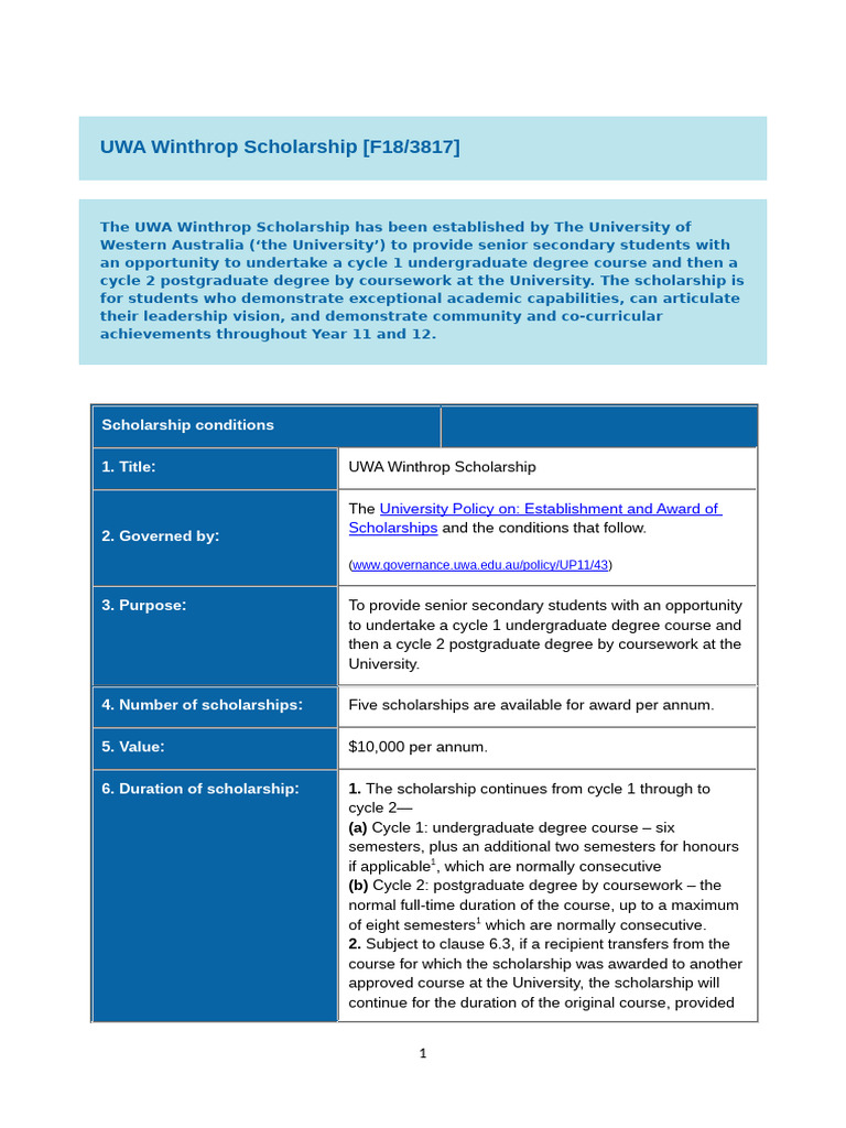 Conditions - UWA Winthrop Scholarship F183817 | PDF | Academic Degree ...
