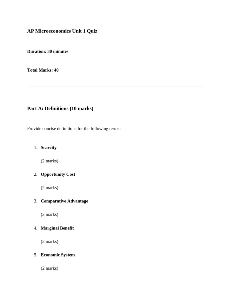 AP Microeconomics Unit 1 Quiz Guide | PDF | Utility | Microeconomics