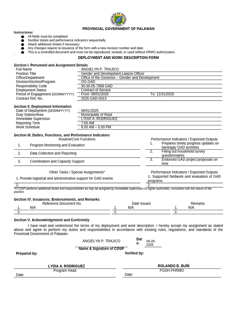 Deployment and Work Description Form | PDF