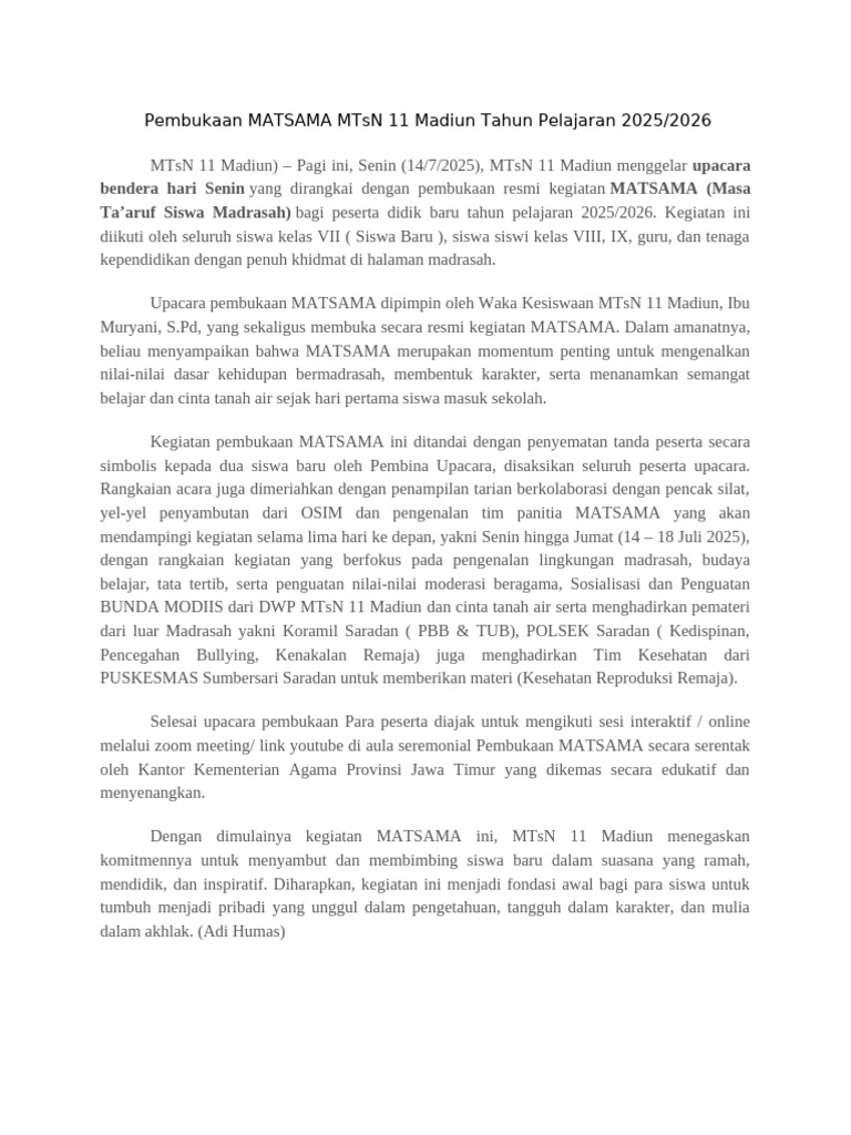Pembukaan MATSAMA MTsN 11 Madiun 2025 | PDF