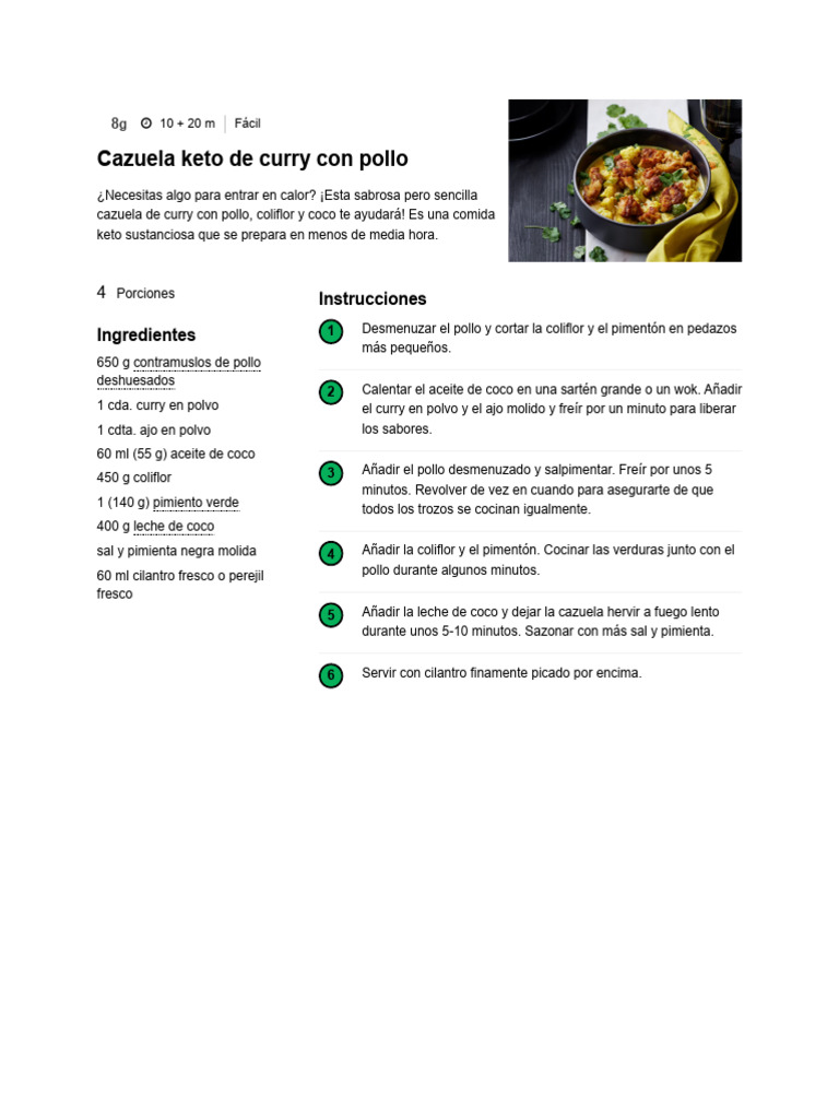 Cazuela Keto de Curry Con Pollo - Diet Doctor | PDF