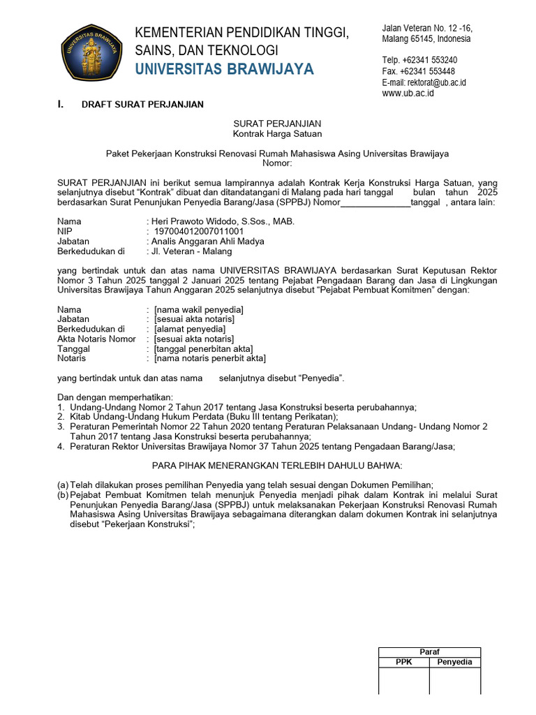 Kontrak Renovasi Rumah Mahasiswa UB | PDF