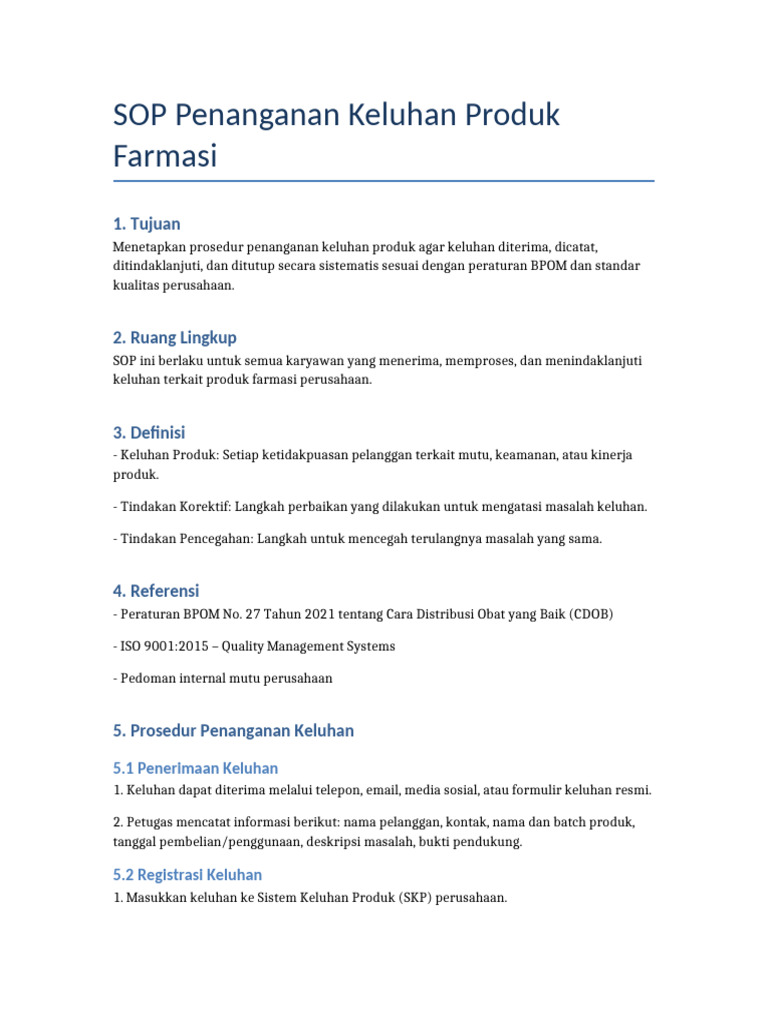 SOP Penanganan Keluhan Produk Farmasi | PDF