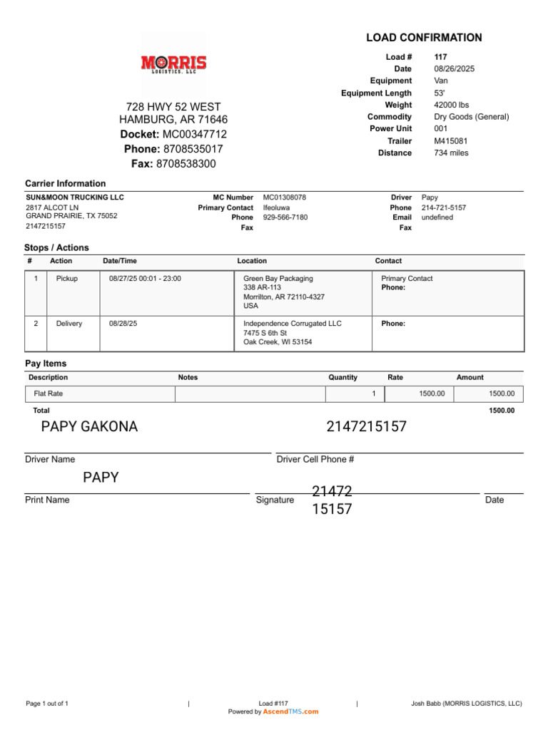 Load Confirmation 117 20250826151546 Signature Requested | PDF | Land ...