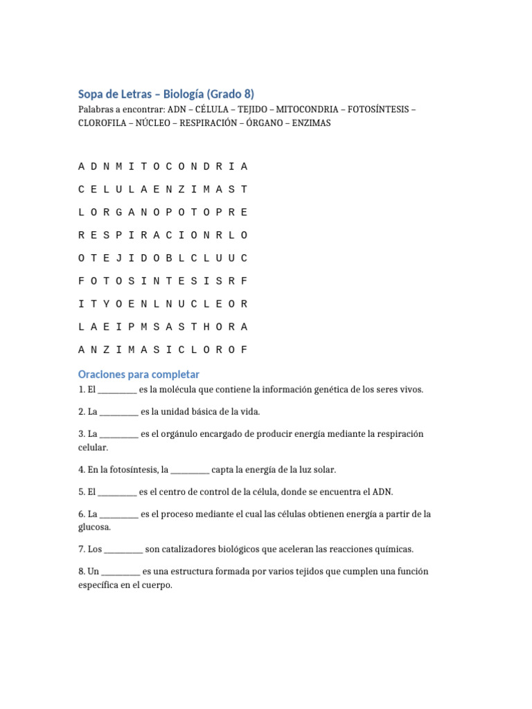 Sopa Letras Biologia Grado8 | PDF