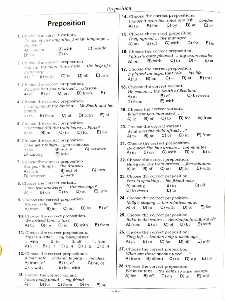 Prepositions Test | PDF