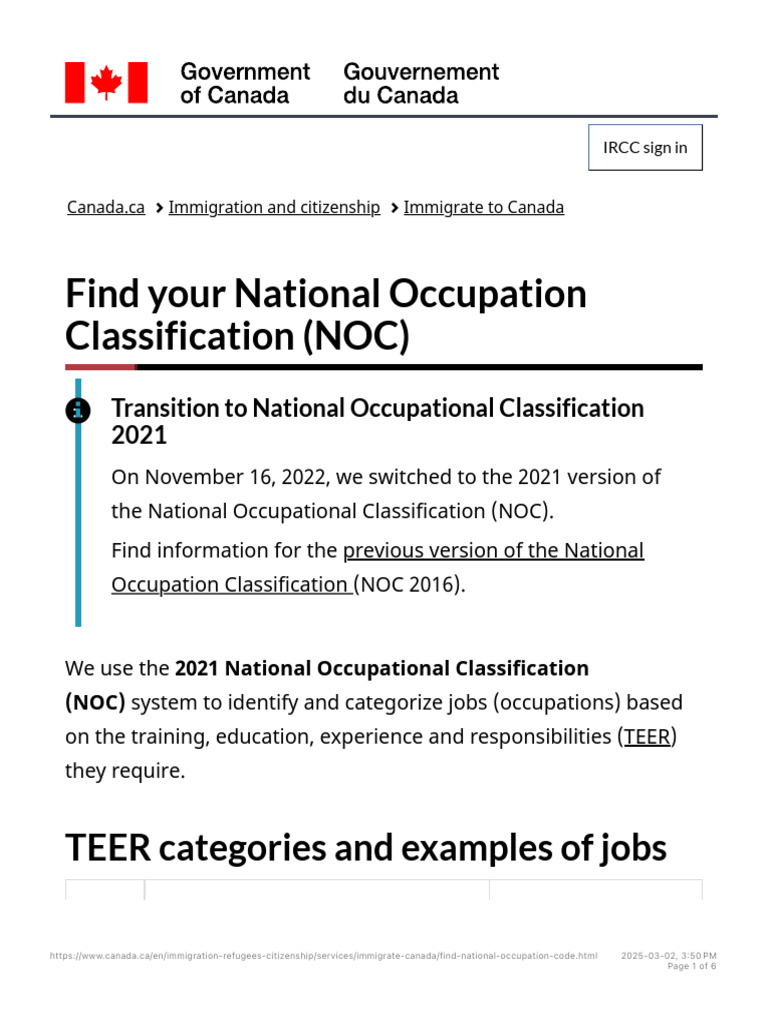 Find Your National Occupation Classification (NOC) - Canada - Ca | PDF