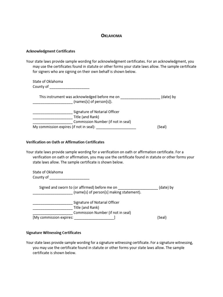 Oklahoma Notary Acknowledgment Templates | PDF | Signature | Notary Public