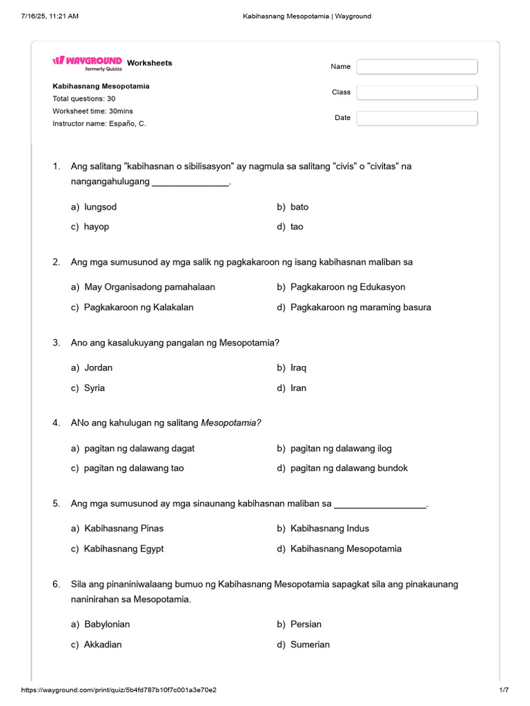 Kabihasnang Mesopotamia _ Wayground | PDF