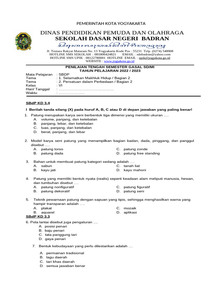 ! Soal Sbdp Pts 1 Kls 6 2023 - 2024 | PDF