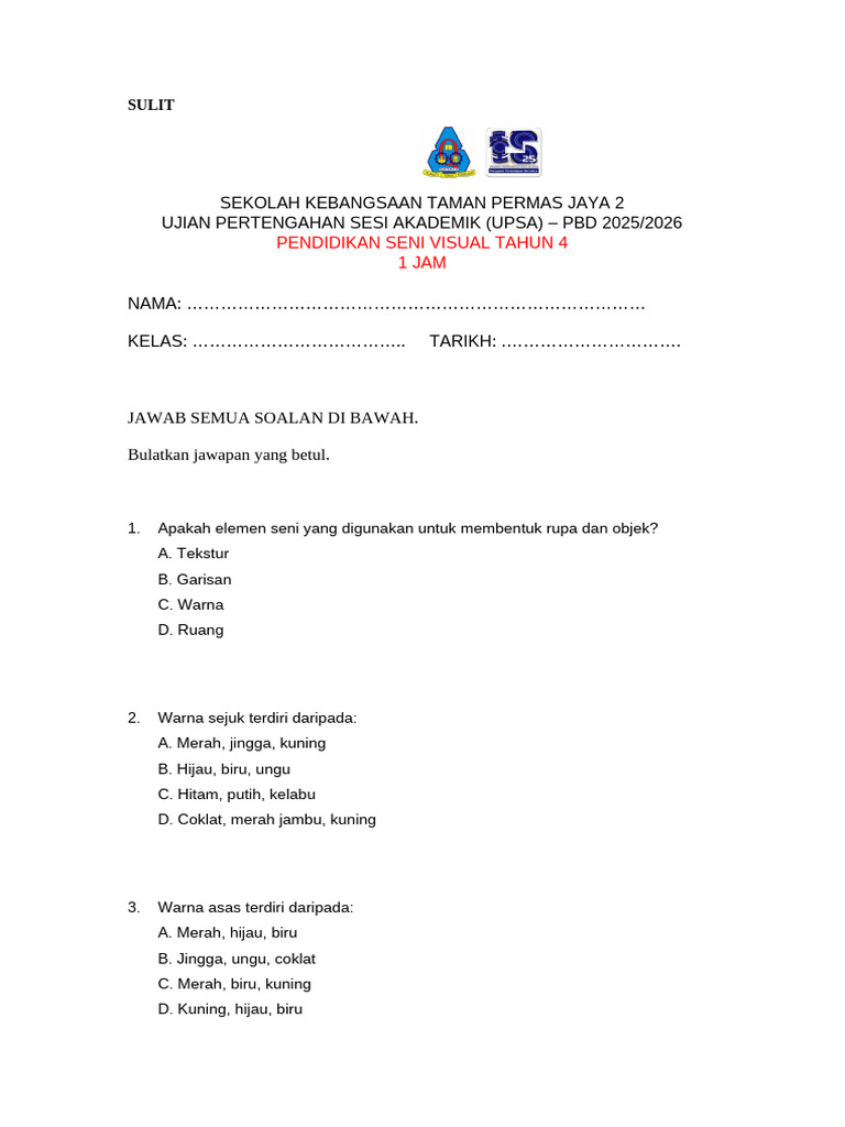 Soalan PSV Tahun 4 Upsa | PDF