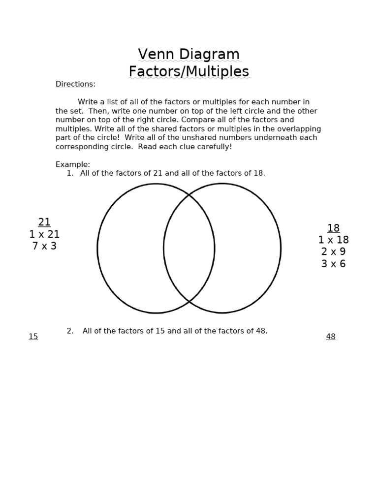 Venn Diagram Factors/Multiples: 21 1 X 21 7 X 3 18 1 X 18 2 X 9 3 X 6 | PDF