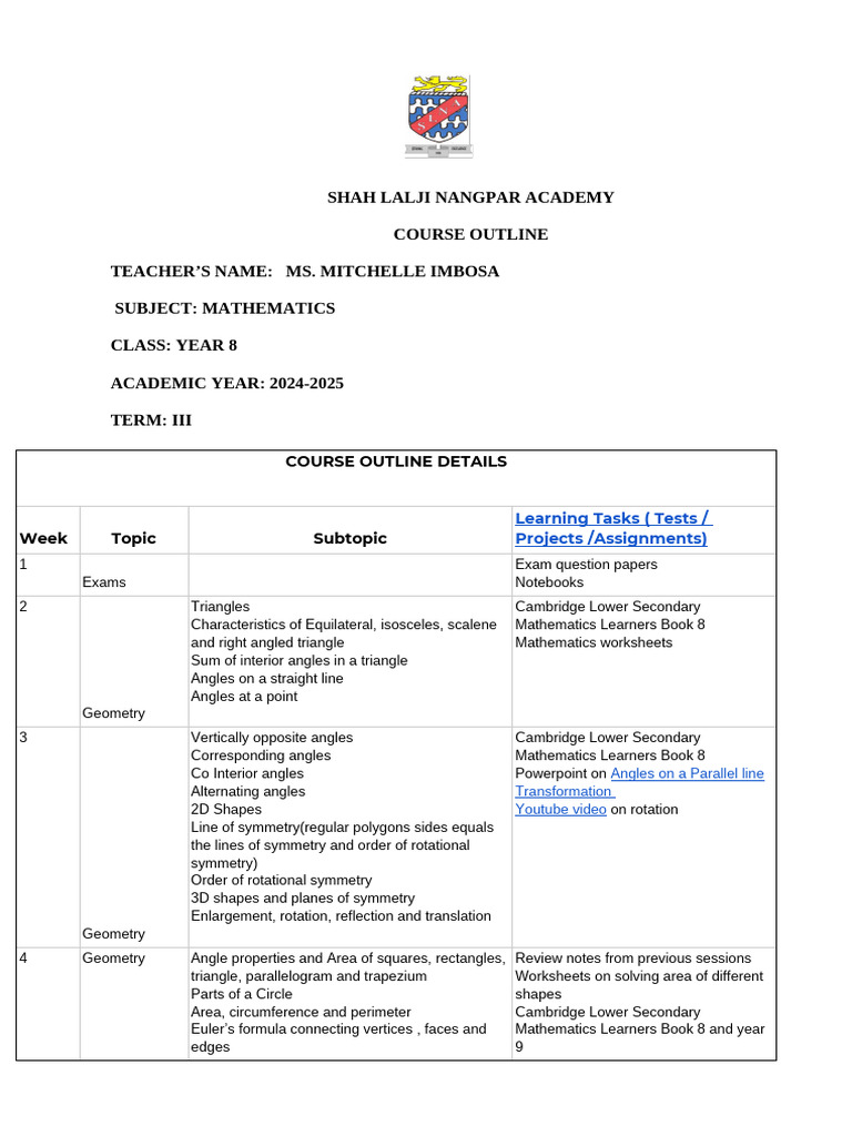 Y8 Term 3 Math Course Outlines | PDF | Area | Triangle