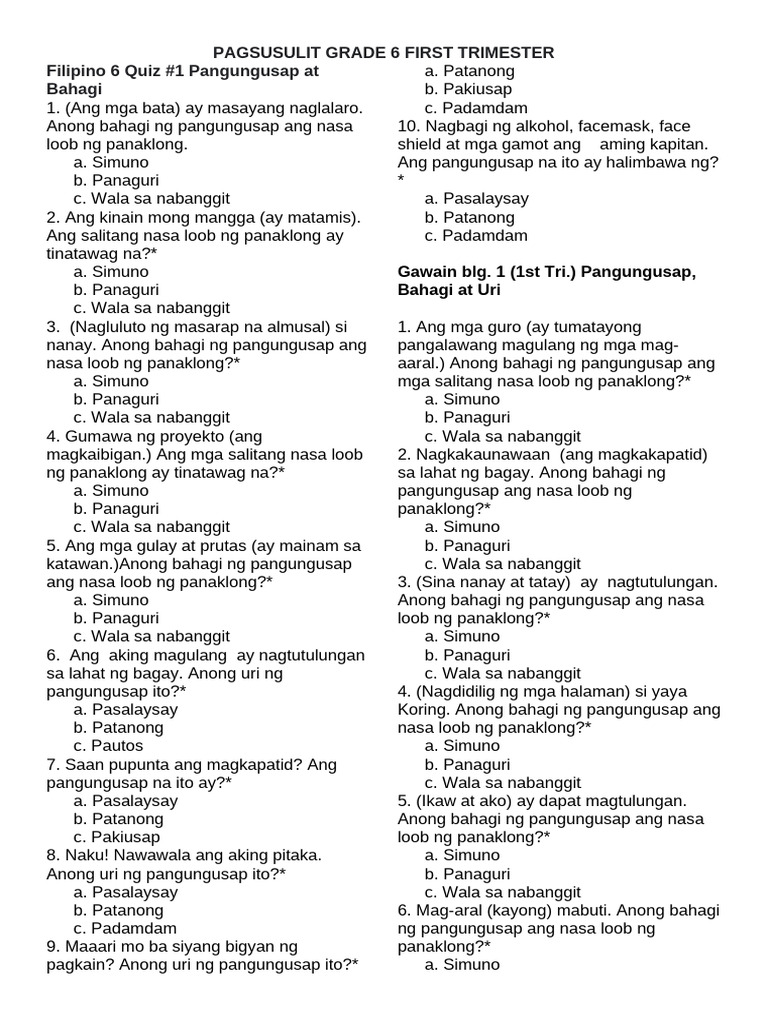 Grade 6 Pagsusulit First Trimester | PDF
