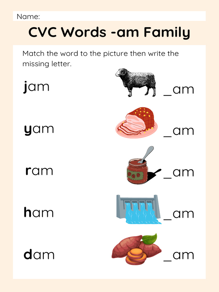 Beige Imaginative and Playful Kindergarten CVC Word Family Worksheet | PDF