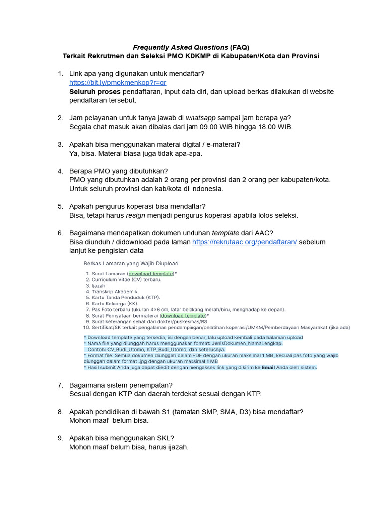 FAQ Rekrutmen Dan Seleksi PMO Kementerian Koperasi | PDF