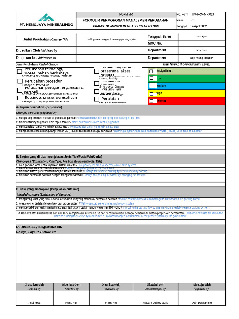 HM-FRM-MR-029 (01) - Form Management of Change New Parkiran | PDF