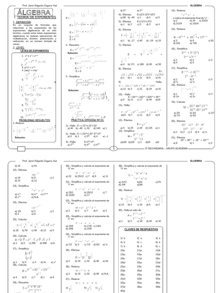 Teoría y Ejercicios de Exponentes | PDF | Matemática Elemental ...