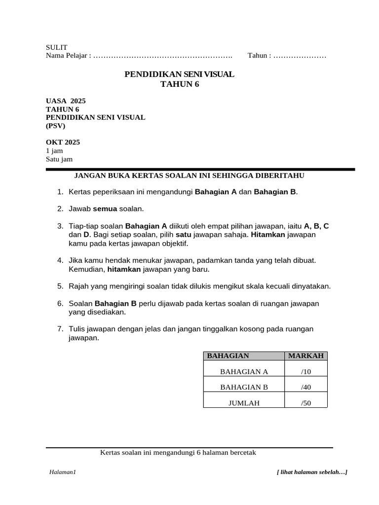 Soalan Exam Uasa 2025 PSV Tahun 6 Siap | PDF