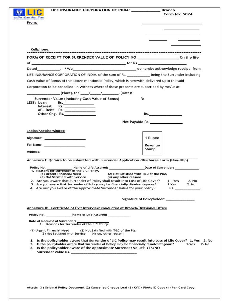 LIC Policy Surrender Receipt Form | PDF | Life Insurance | Personal Finance