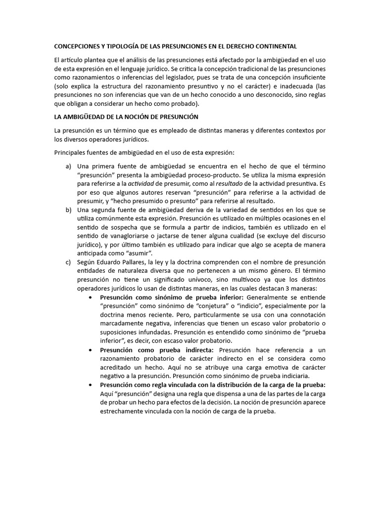 Concepciones y Tipología de Las Presunciones en El Derecho Continental ...